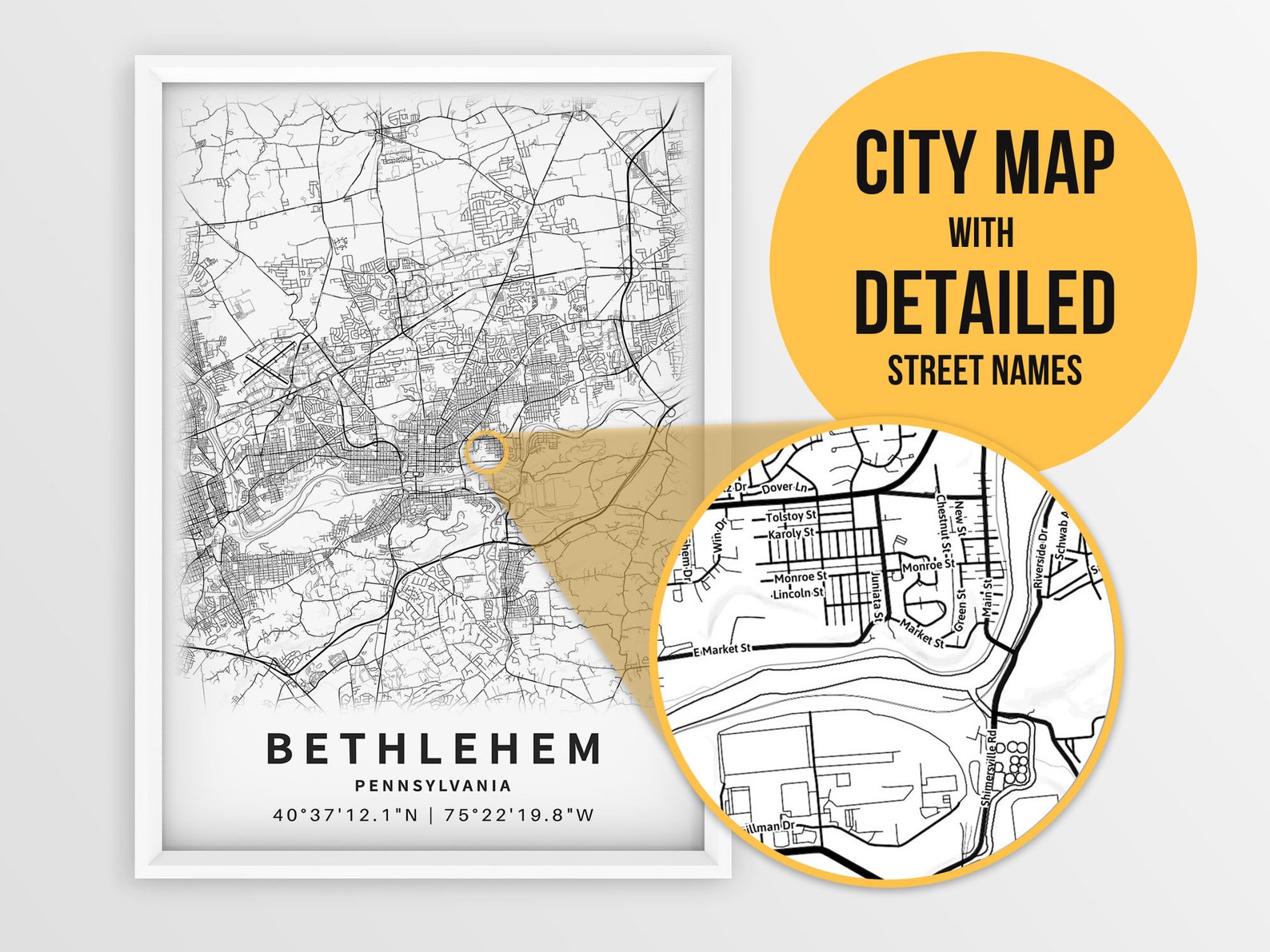 Printable Map of Bethlehem Pennsylvania PA United States - Etsy