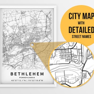 Printable Map of Bethlehem Pennsylvania PA United States - Etsy