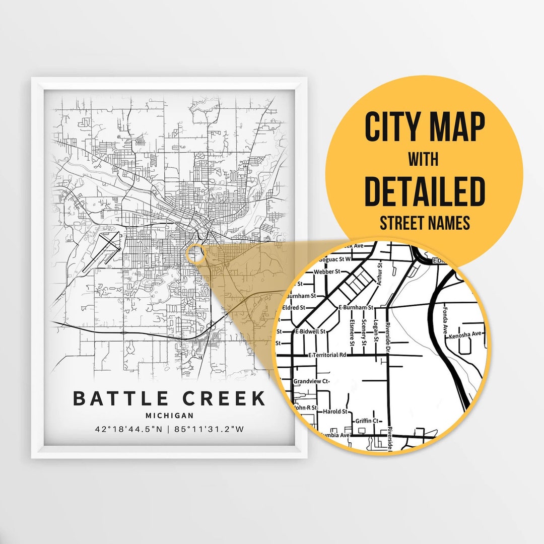 Printable Map of Battle Creek, Michigan, USA With Street Names - Instant Download \ City Map ...