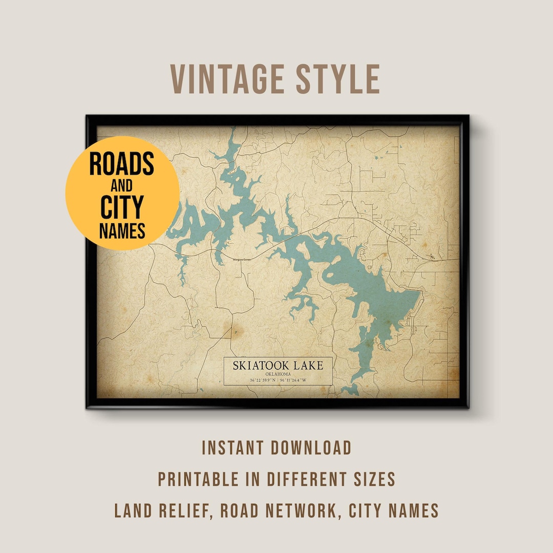 Skiatook Lake Vintage Style Map, Printable Oklahoma Lake House Poster ...
