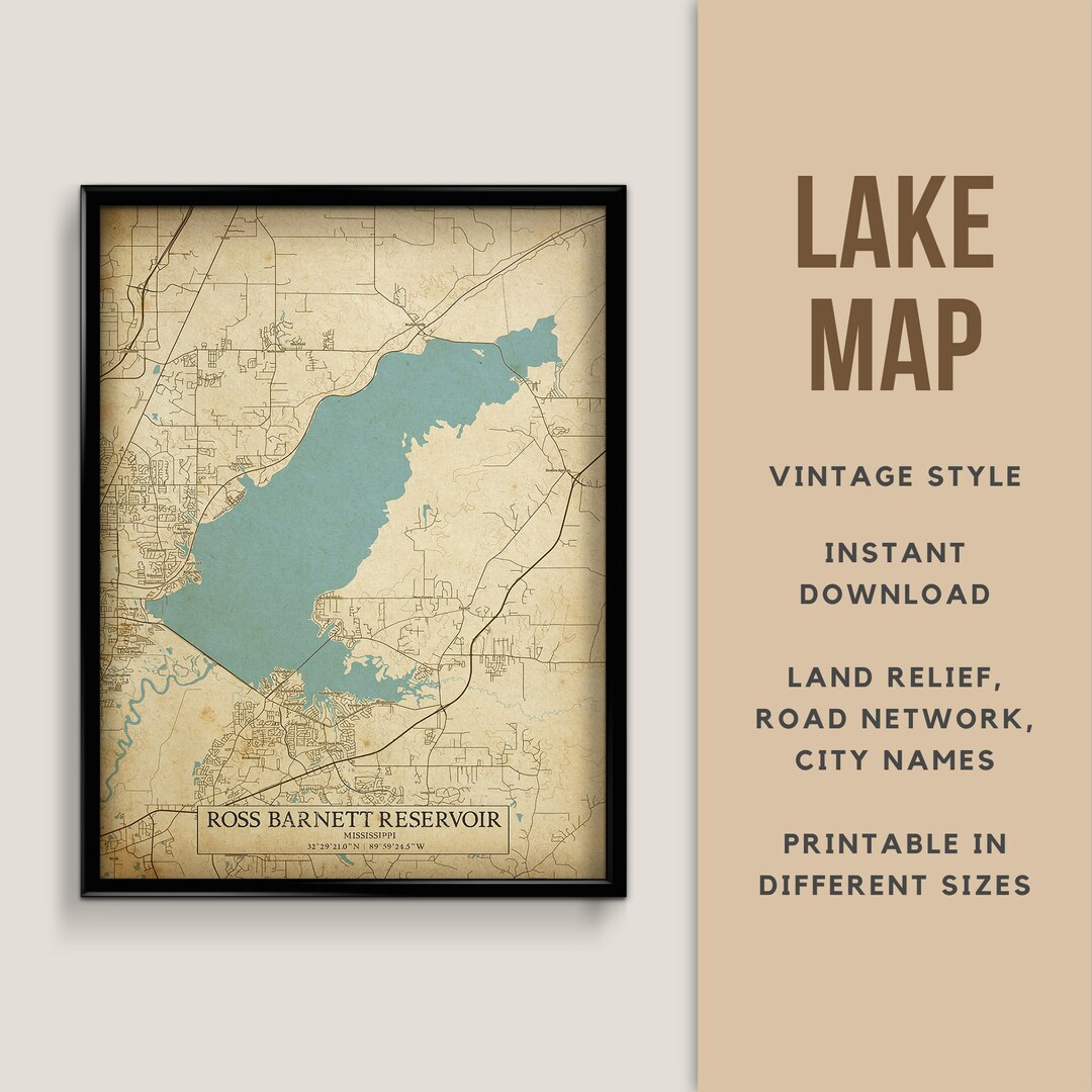 Vintage Style Map of Ross Barnett Reservoir, Mississippi, USA With City ...