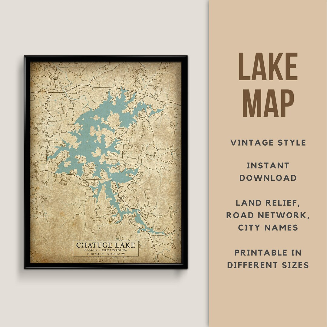 Vintage Style Map of Chatuge Lake, Georgia and North Carolina, USA With ...