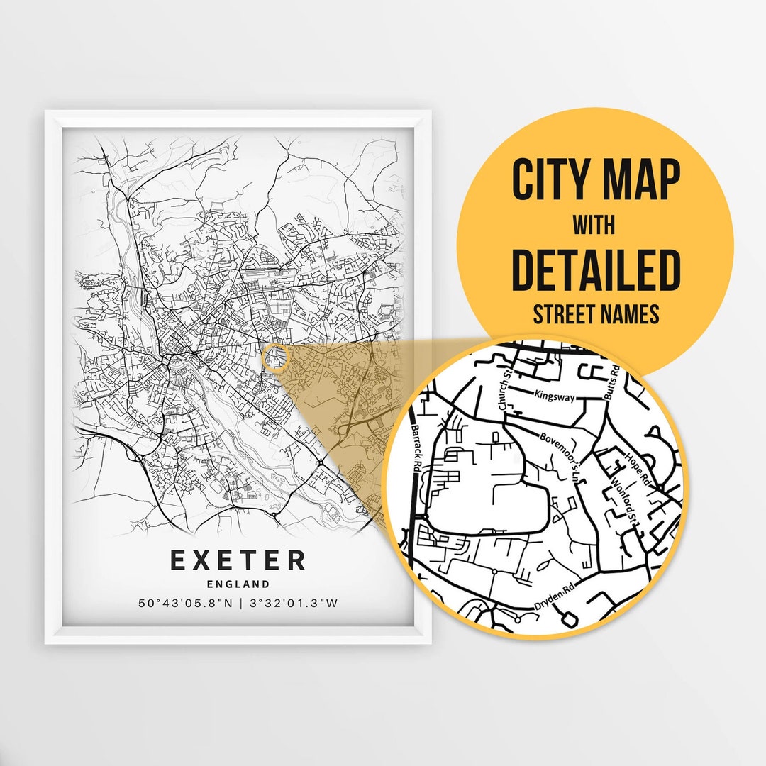 Printable Map of Exeter, England, UK With Street Names Instant Download ...