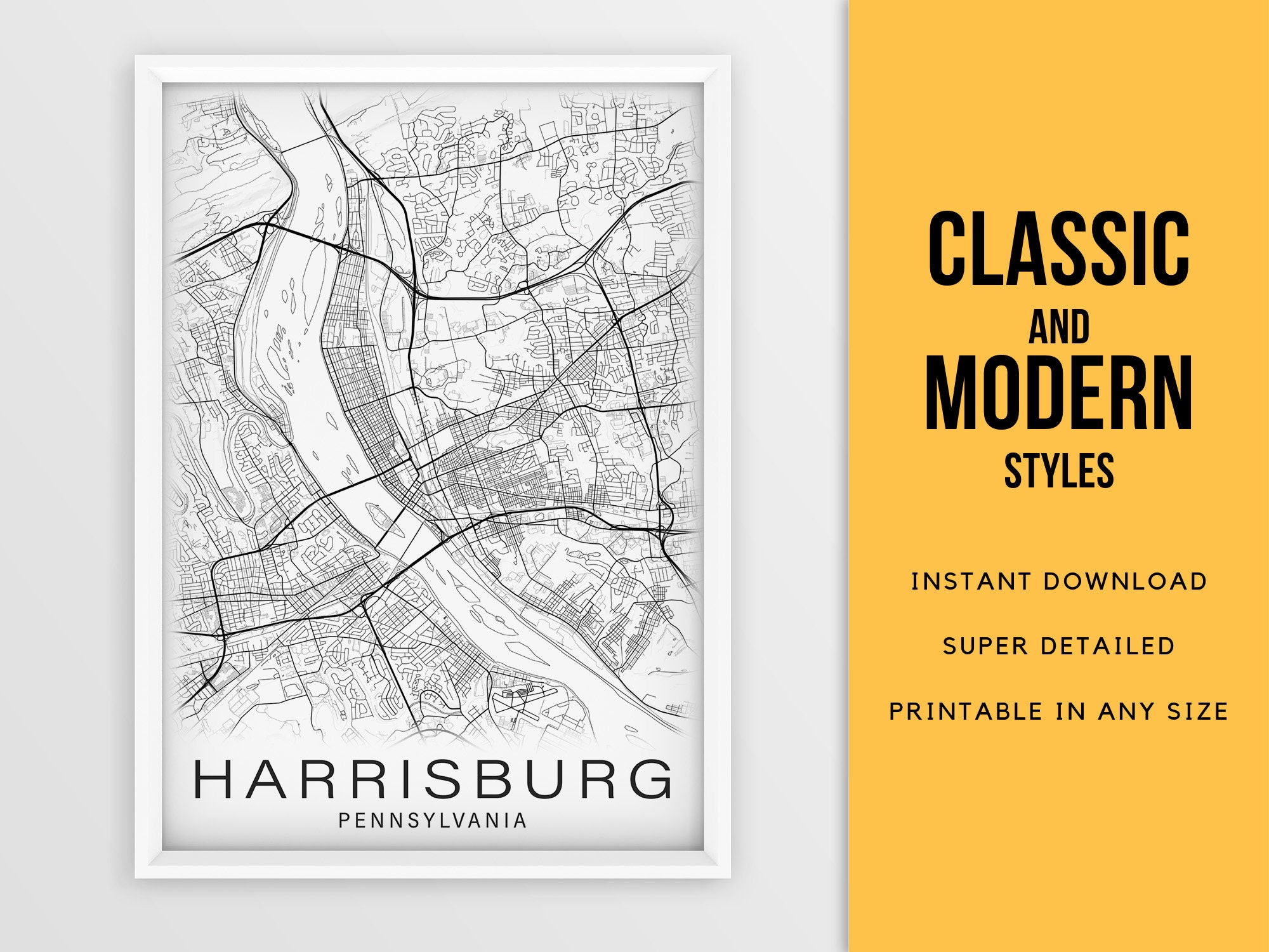 Printable Map of Harrisburg Pennsylvania PA United States - Etsy