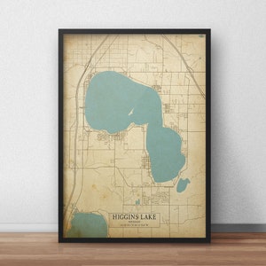 Vintage Style Map of Higgins Lake, Michigan, USA With City Names ...
