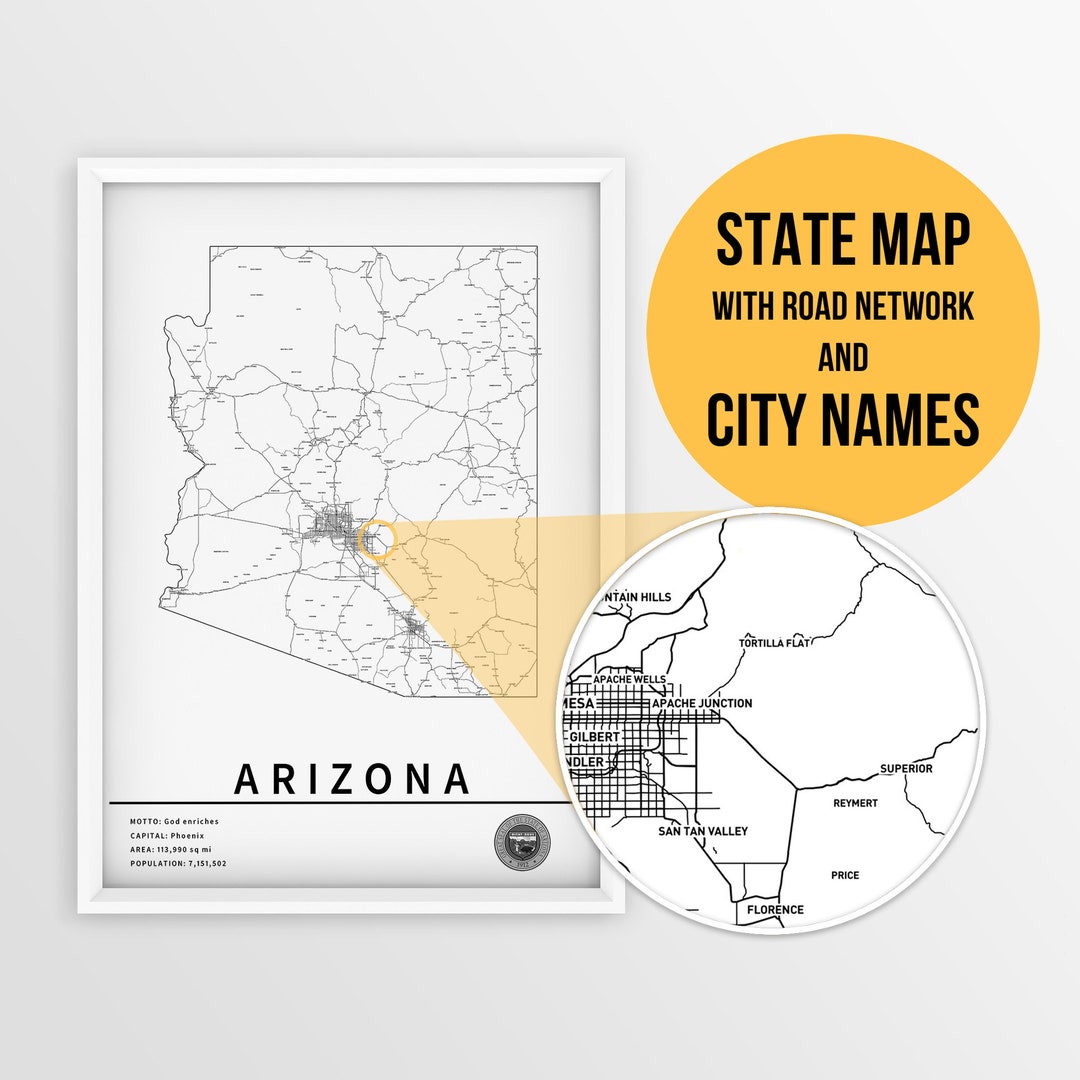 Printable Map of Arizona With City Names and Roads - Instant Download ...