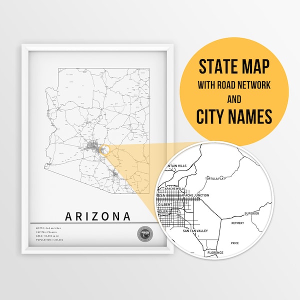 Map of Arizona With Cities - Etsy