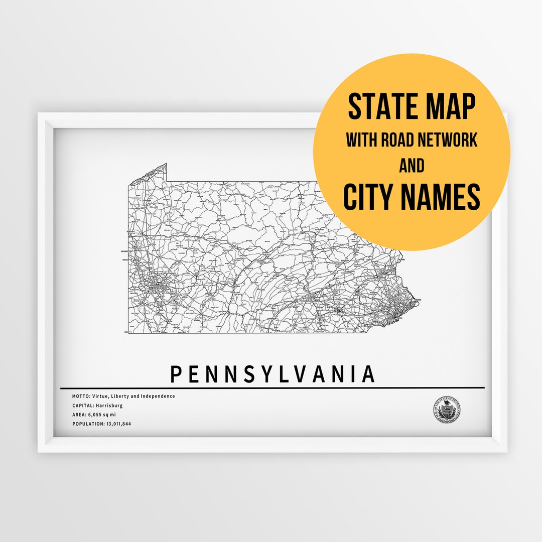 Printable Map of Pennsylvania, USA With City Names and Roads - Instant ...
