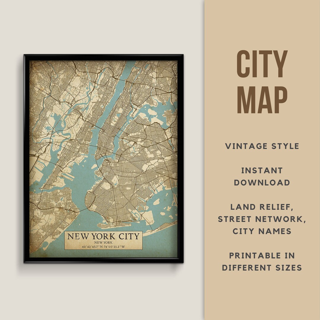 Vintage Style Map of New York, United States - Instant Download ...