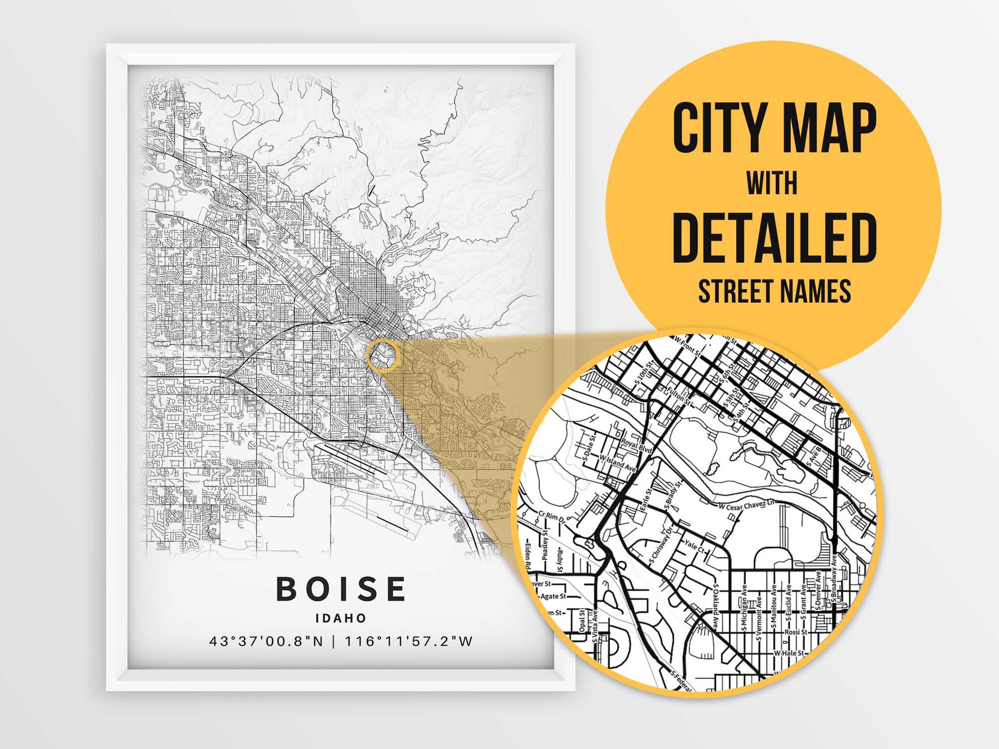 Printable Map of Boise Idaho ID United States with street | Etsy