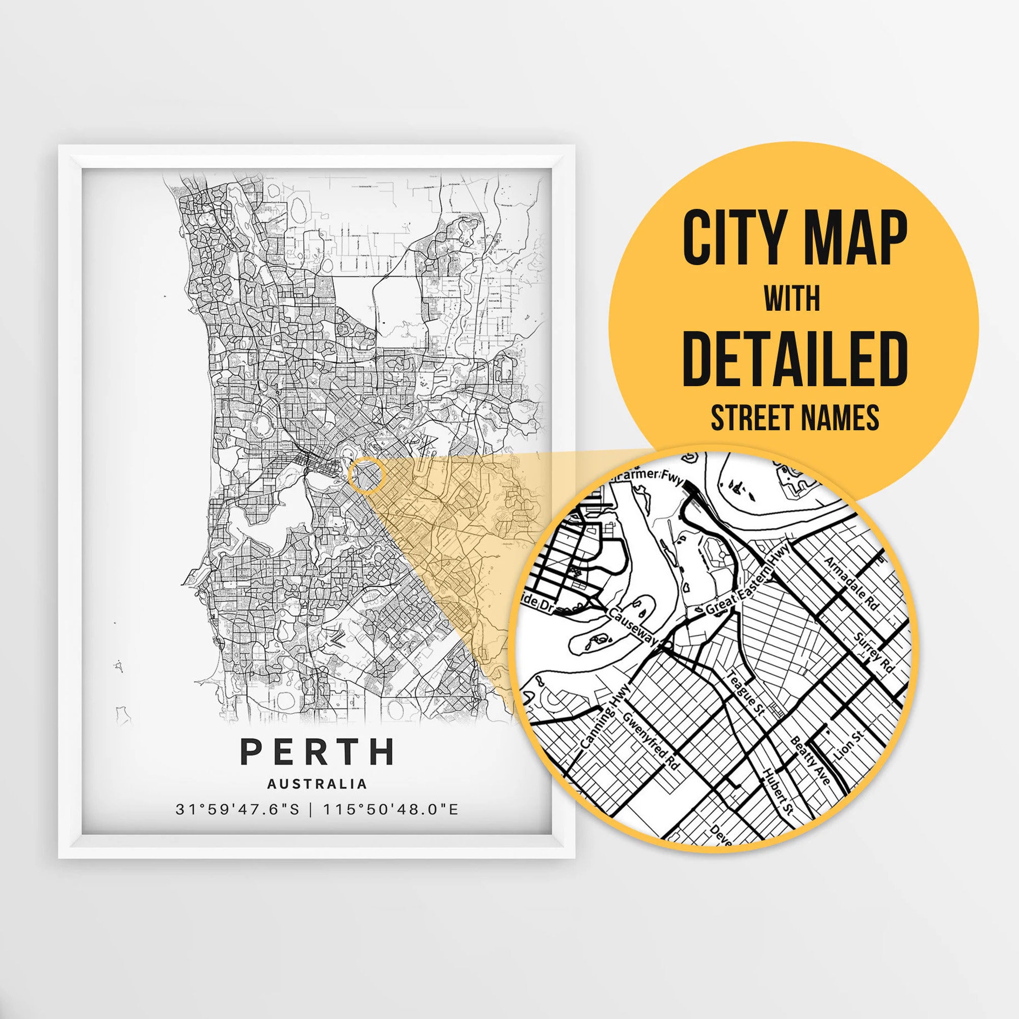 Printable Map of Perth, Australia With Street Names - Instant Download ...