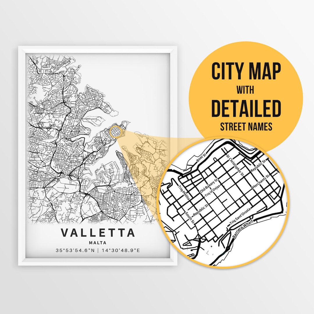 Printable Map of Valletta, Malta With Street Names - Instant Download ...