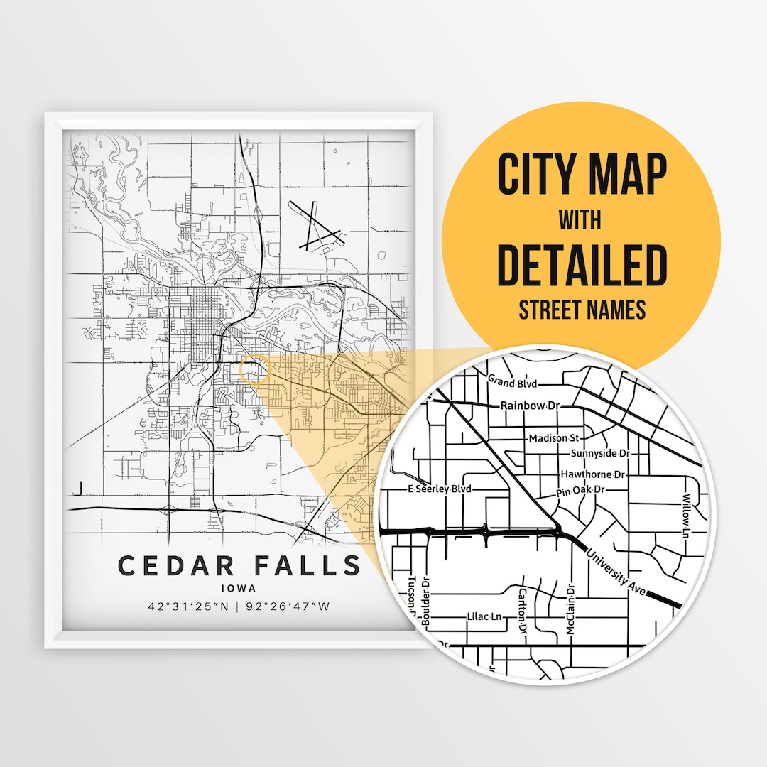 Printable Map of Cedar Falls, Iowa, USA With Street Names - Instant ...