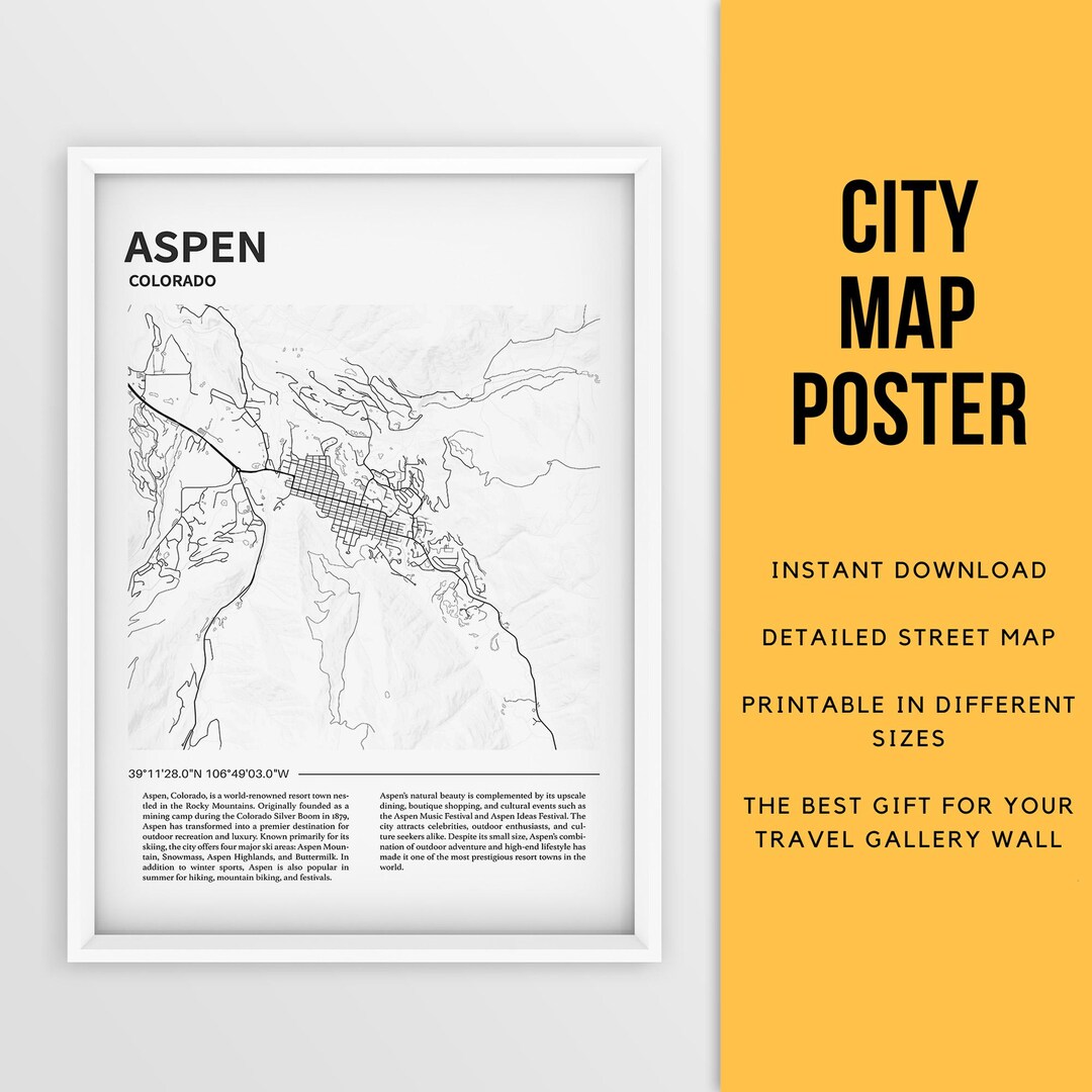 Aspen, Colorado, USA Printable Map Poster - Instant Download \ Street ...