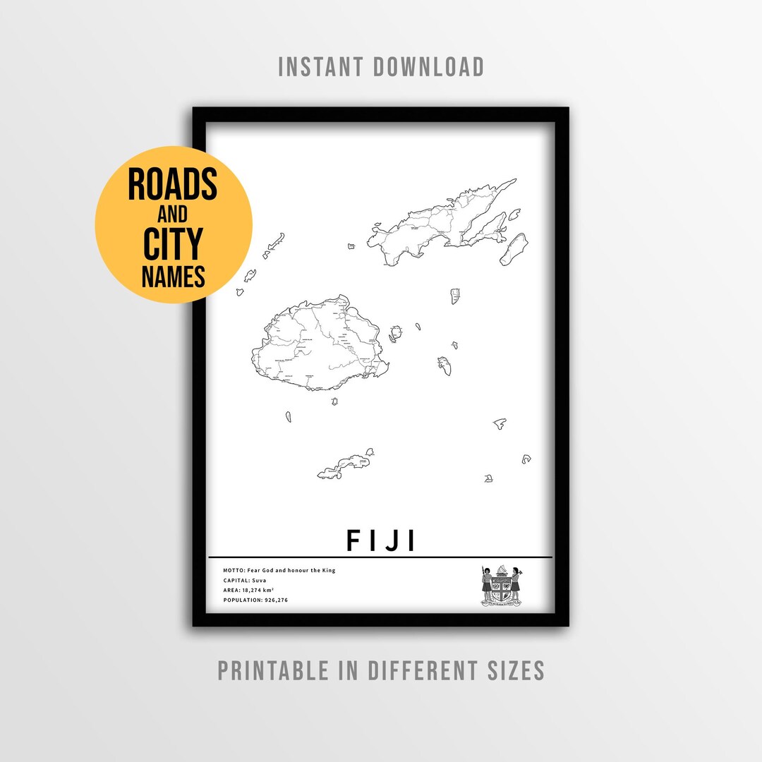 Fiji Map Poster, Printable Road Map With City Names (instant Download ...