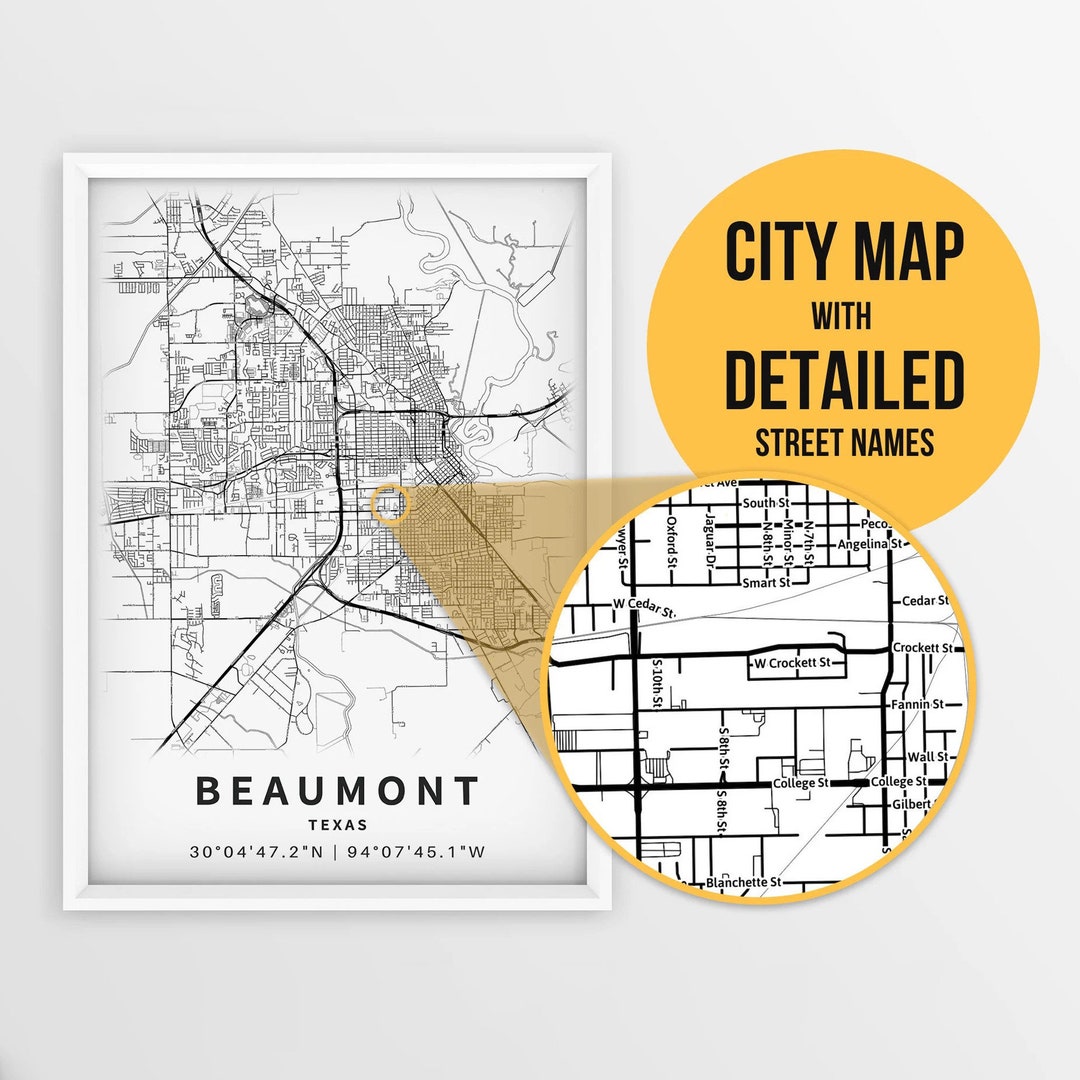 Printable Map of Beaumont, Texas USA With Street Names - Instant Download \ City Map \ Travel ...