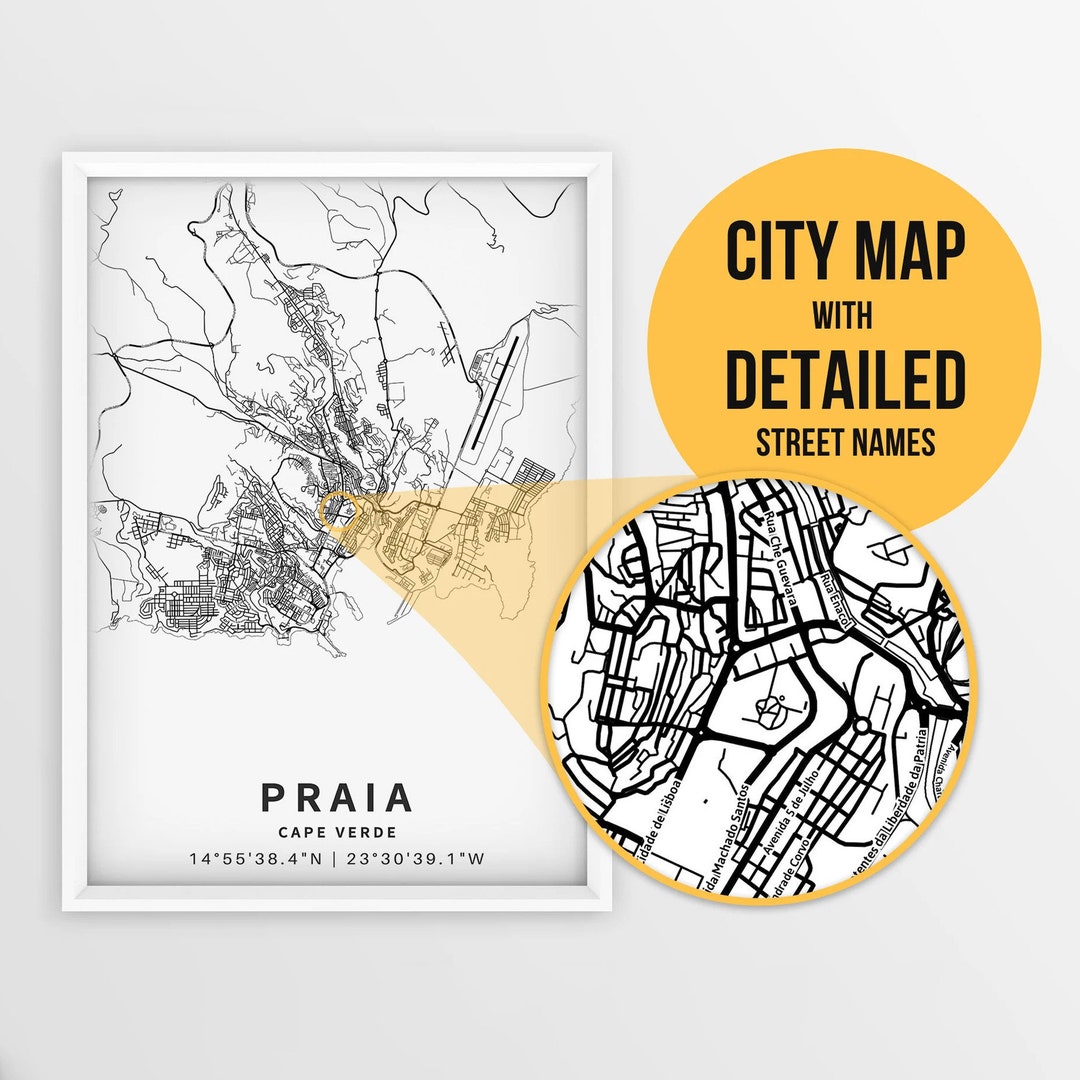 Printable Map of Praia, Cape Verde With Street Names - Instant Download ...