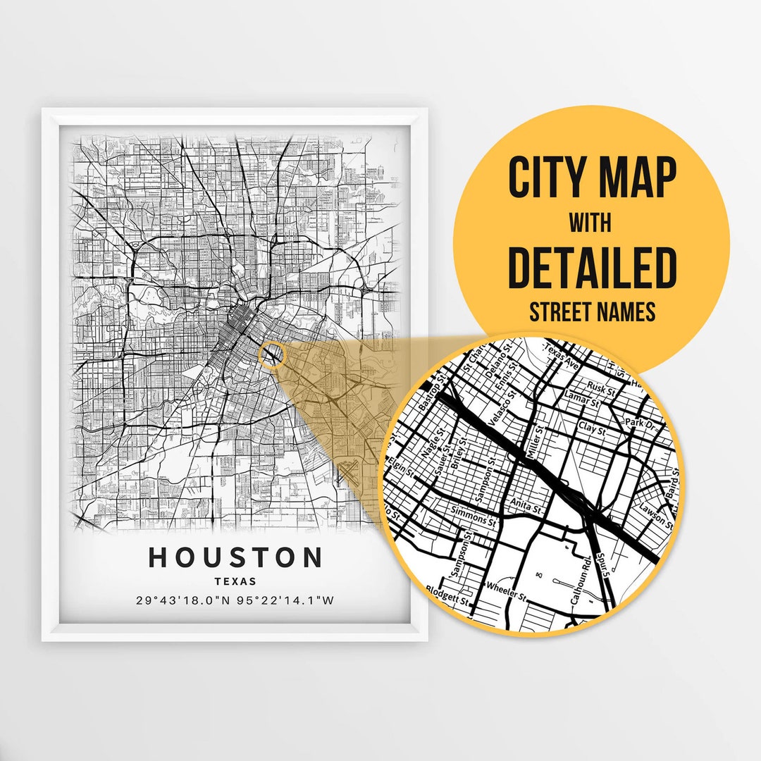 Printable Map of Houston, Texas, USA With Street Names Instant Download ...