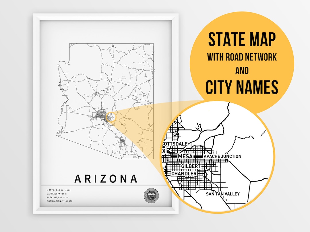 Printable Map of Arizona With City Names Instant Download - Etsy