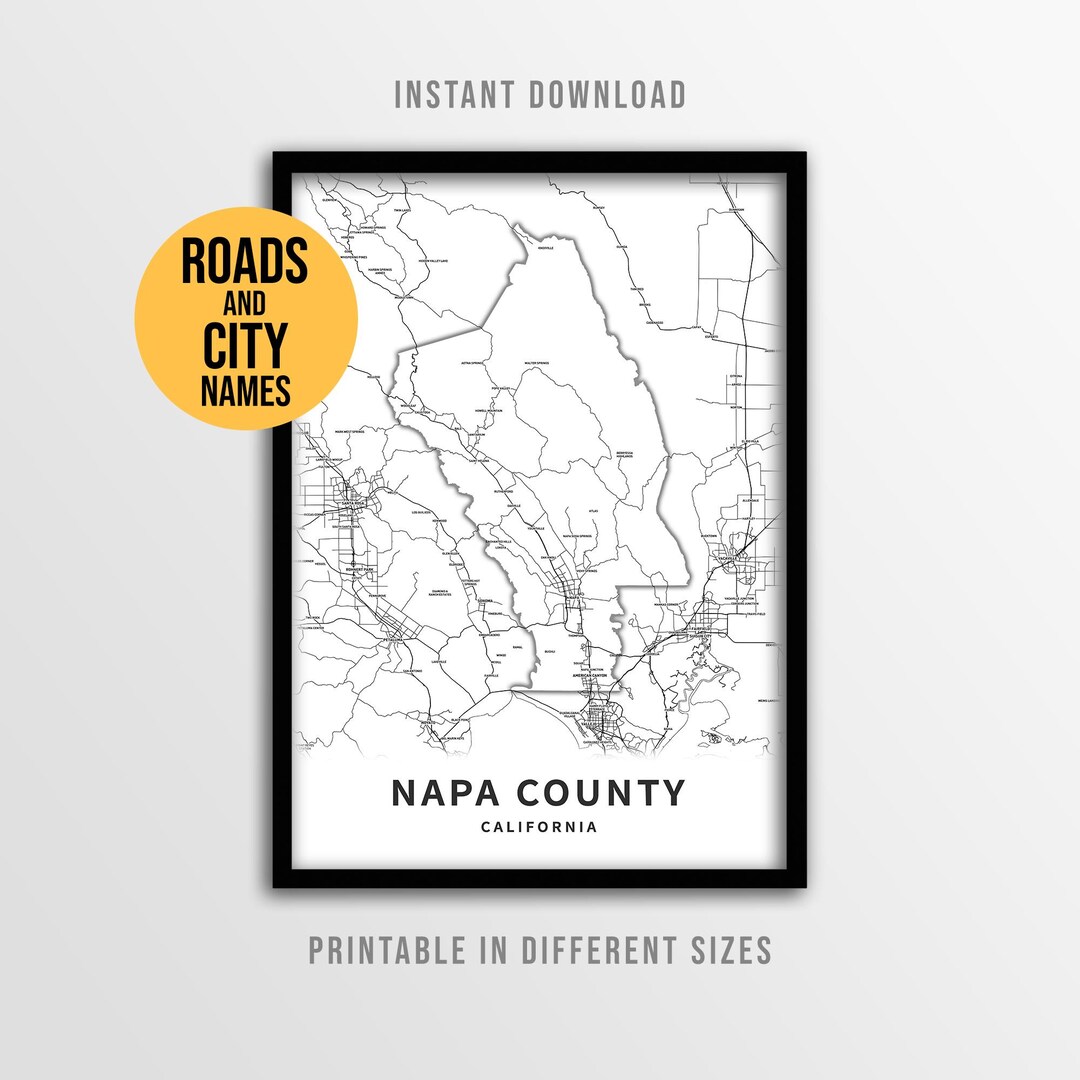 Napa County Map Poster, Printable California Road Map With City Names ...