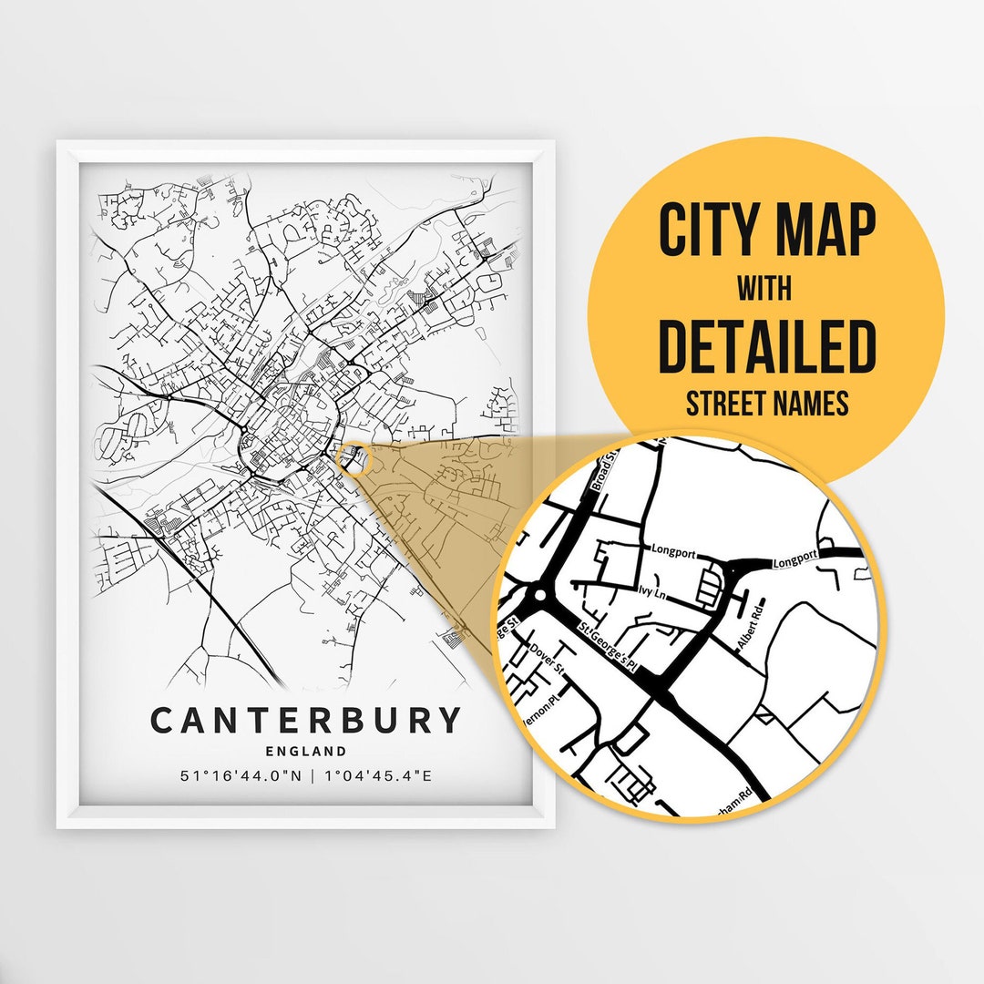 Printable Map of Canterbury, England, UK With Street Names Instant ...