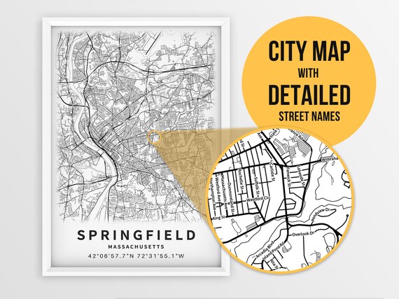 Printable Map of Springfield Massachusetts MA United States | Etsy