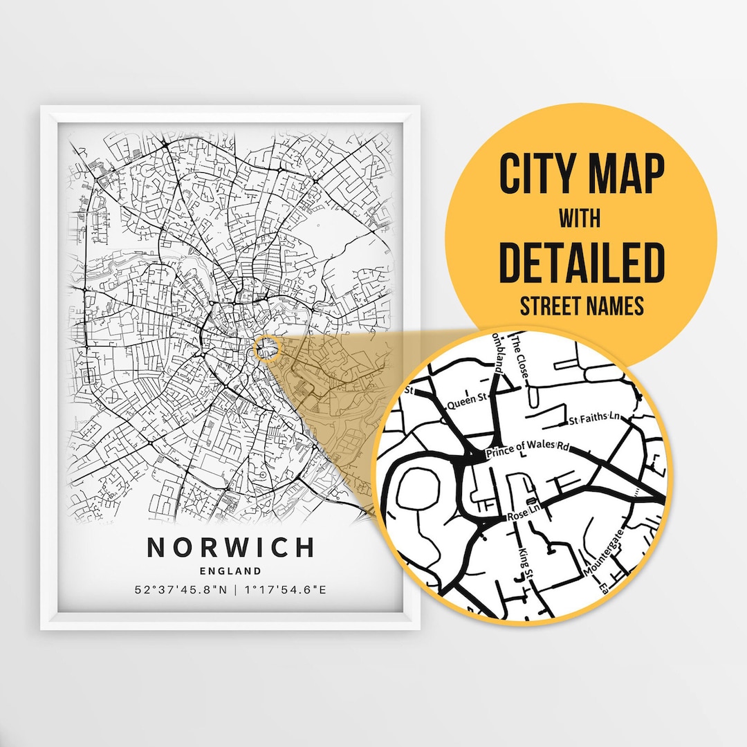 Printable Map of Norwich, England, United Kingdom With Street Names ...