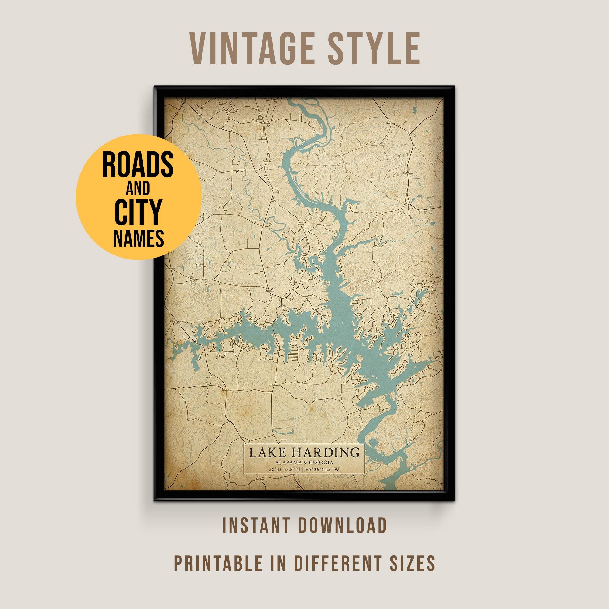 Lake Harding Vintage Style Map, Printable Lake House Poster (instant ...