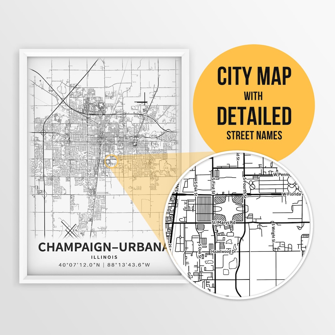 Printable Map of Urbana-champaign, Illinois, USA With Street Names ...