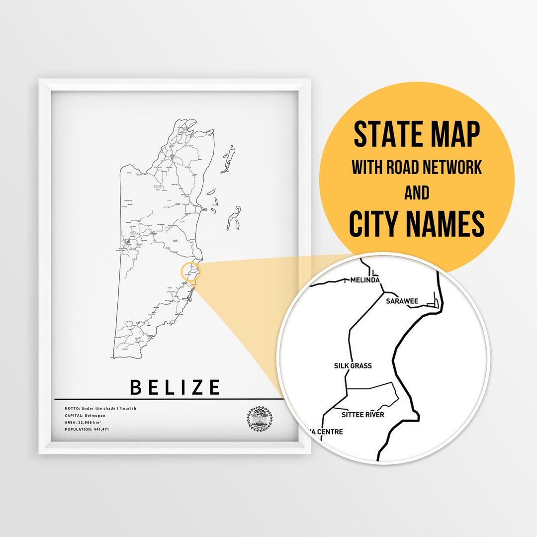 Printable Map of Belize With City Names and Roads - Instant Download ...