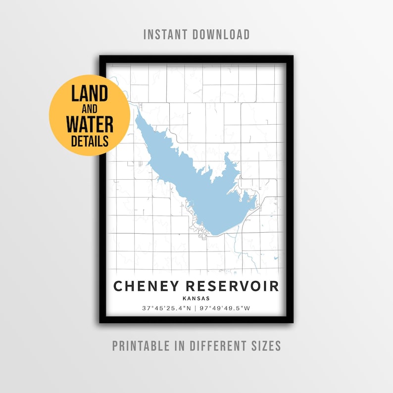 Cheney Reservoir Map Poster, Kansas Printable Lake House Decor (instant ...