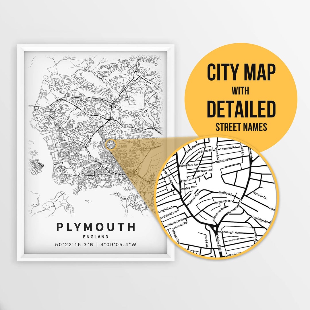 Printable Map of Plymouth, England, United Kingdom With Street Names ...
