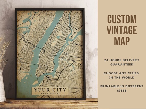 Custom Vintage Style Map of Your City Any Town Digital - Etsy