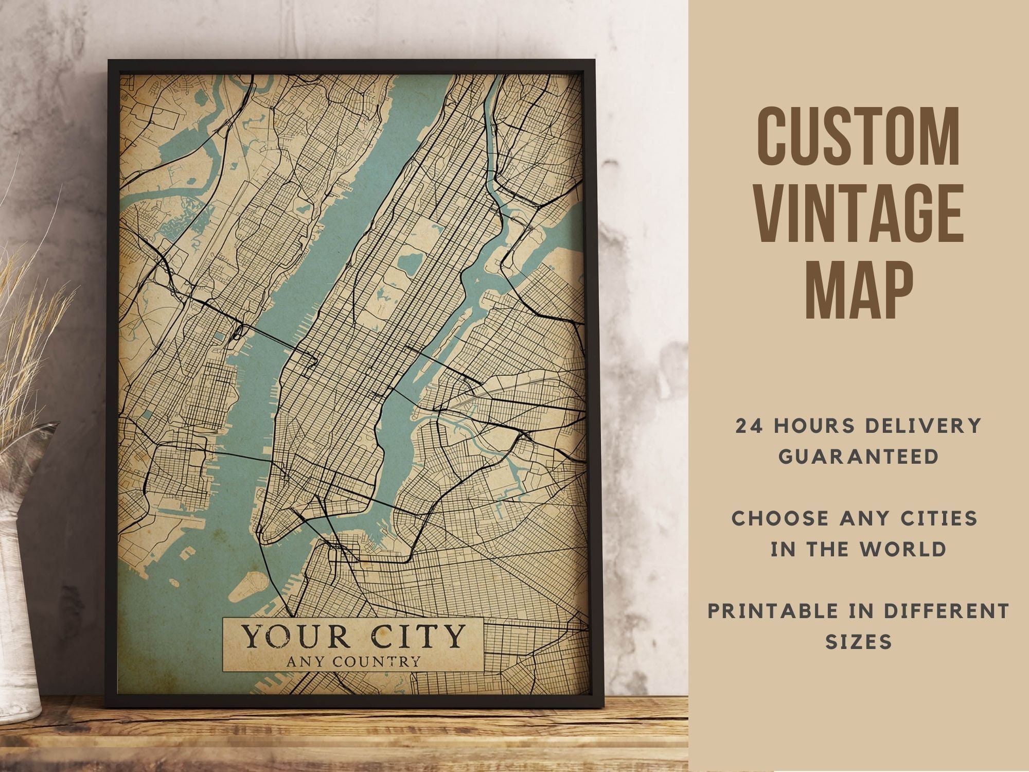 Custom Vintage Style Map of Your City Any Town Digital - Etsy Australia