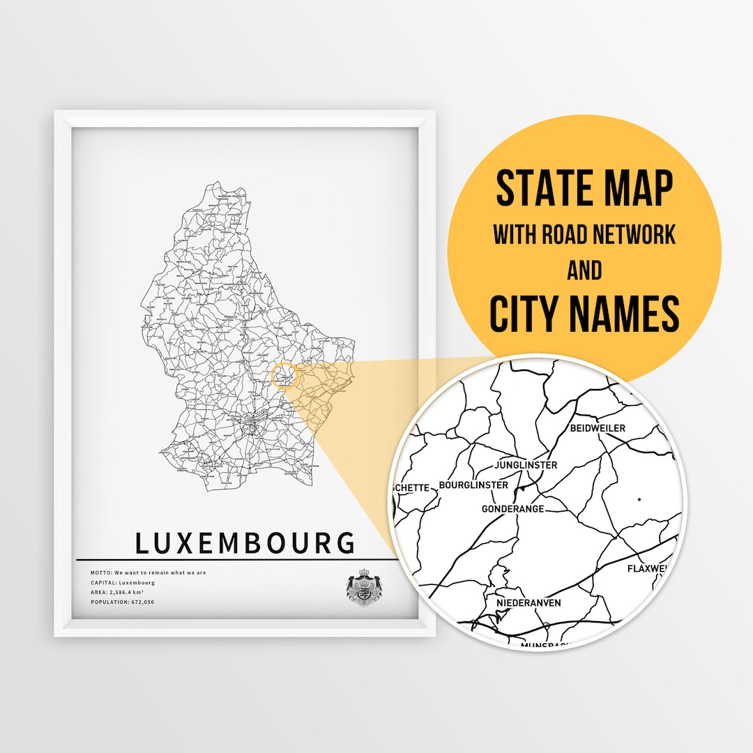 Printable Map of Luxembourg With City Names and Roads - Instant ...