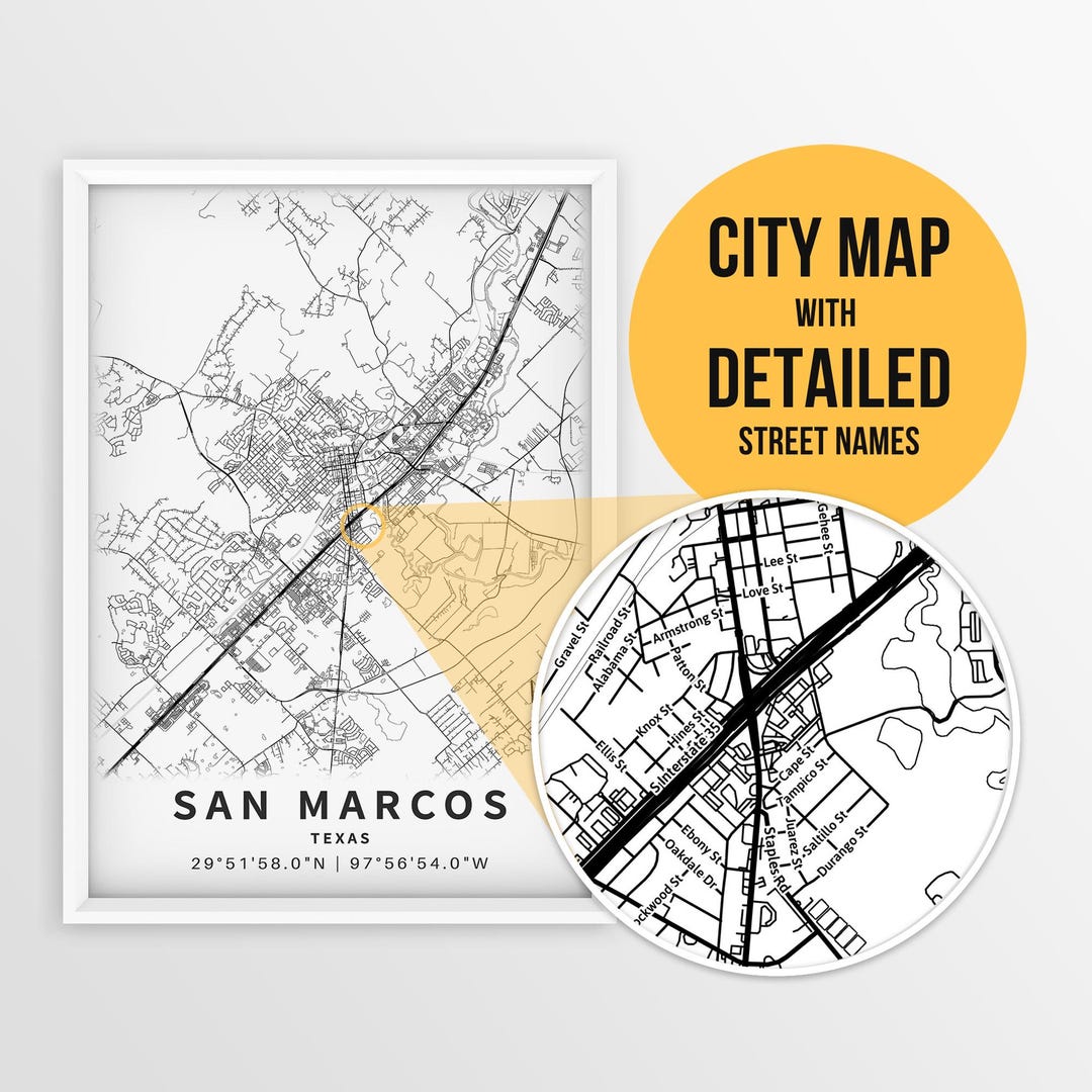 Printable Map of San Marcos, Texas, USA With Street Names - Instant ...