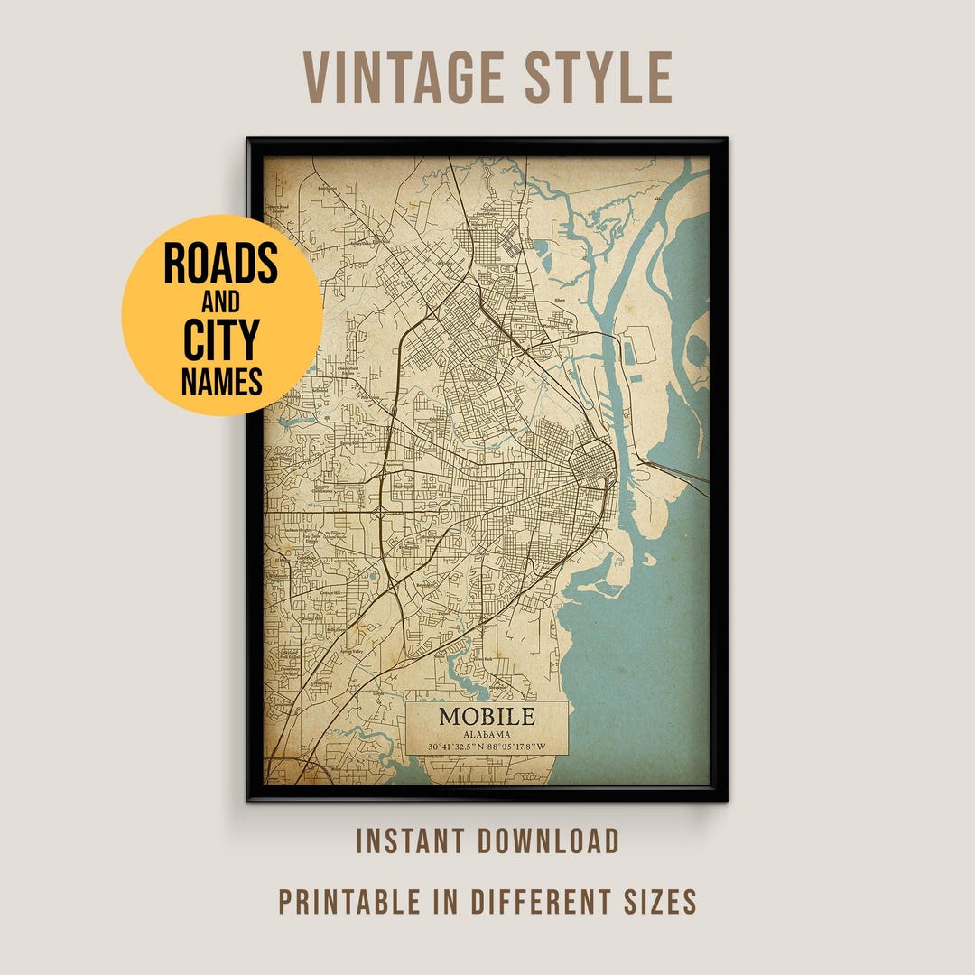 Mobile, Alabama, USA Vintage Style Map, Printable Mobile AL City Poster ...