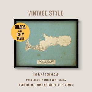 Cayman Islands Vintage Style Map: Roads and City Names, Printable ...