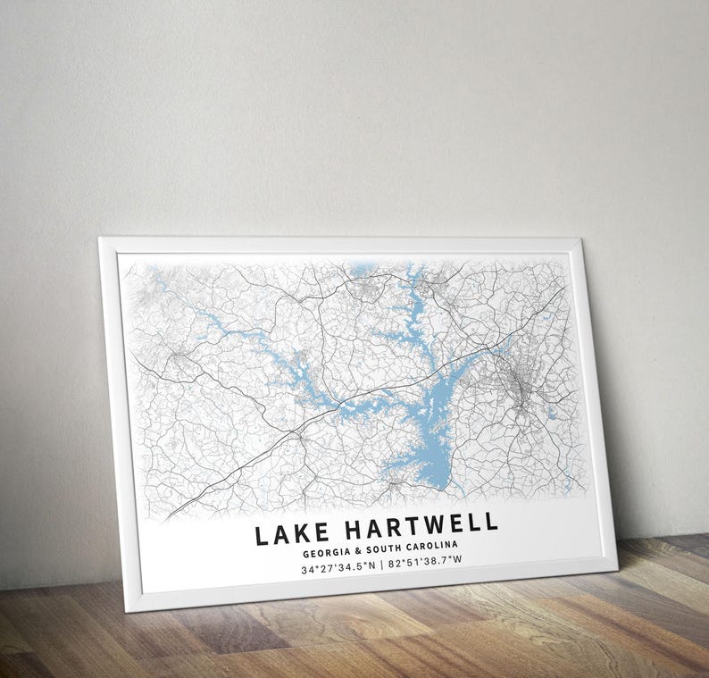 Lake Hartwell Map Poster, Printable Georgia & South Carolina Lakehouse ...