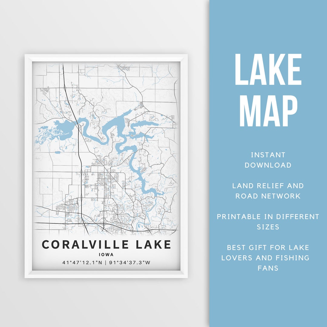 Printable Map of Coralville Lake, Iowa - Instant Download \ Lake Map ...