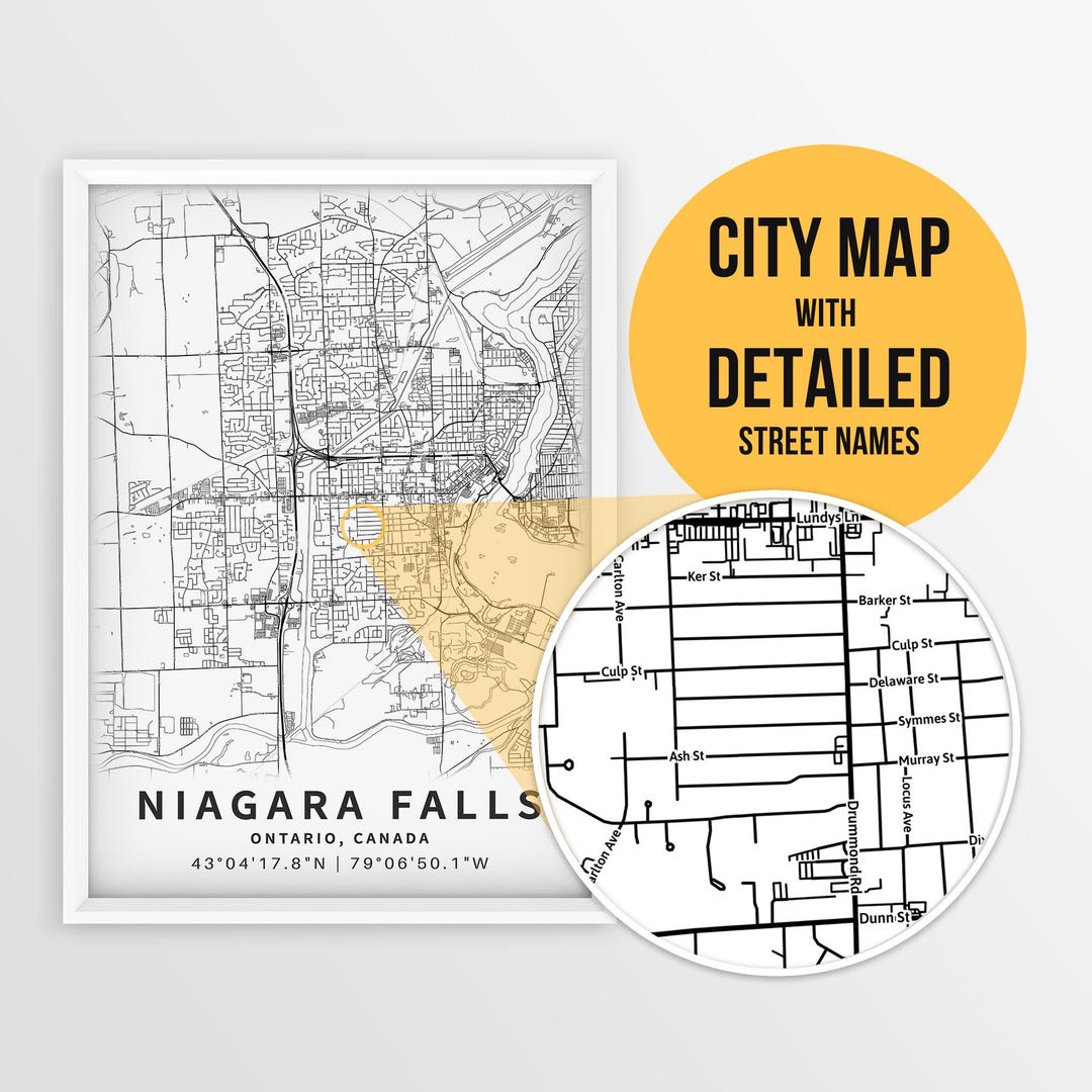 Printable Map of Niagara Falls, Ontario, Canada With Street Names ...