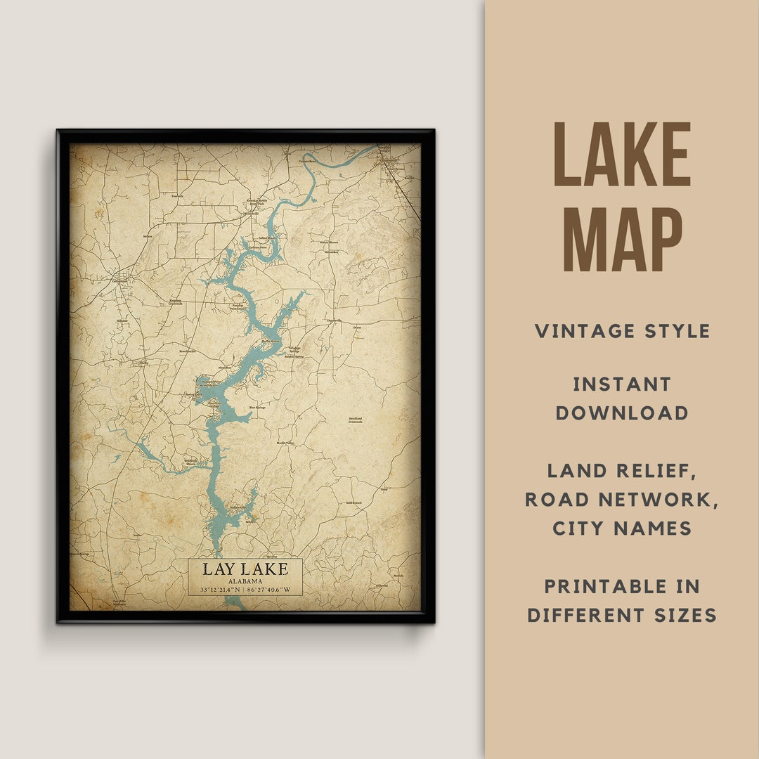 Vintage Style Map of Lay Lake, Alabama, USA With City Names - Instant ...