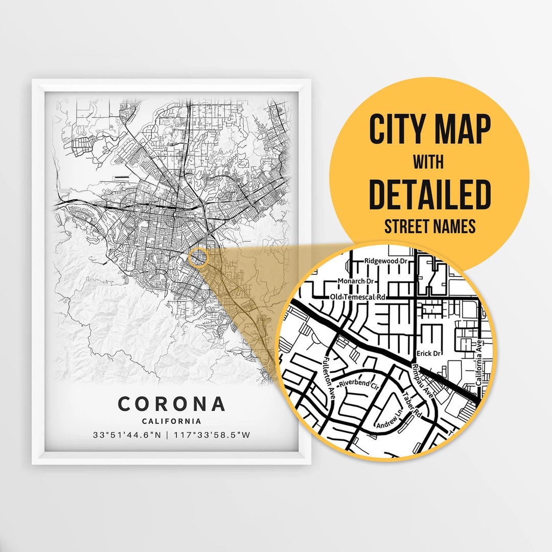 Printable Map of Corona, California, USA With Street Names - Instant ...