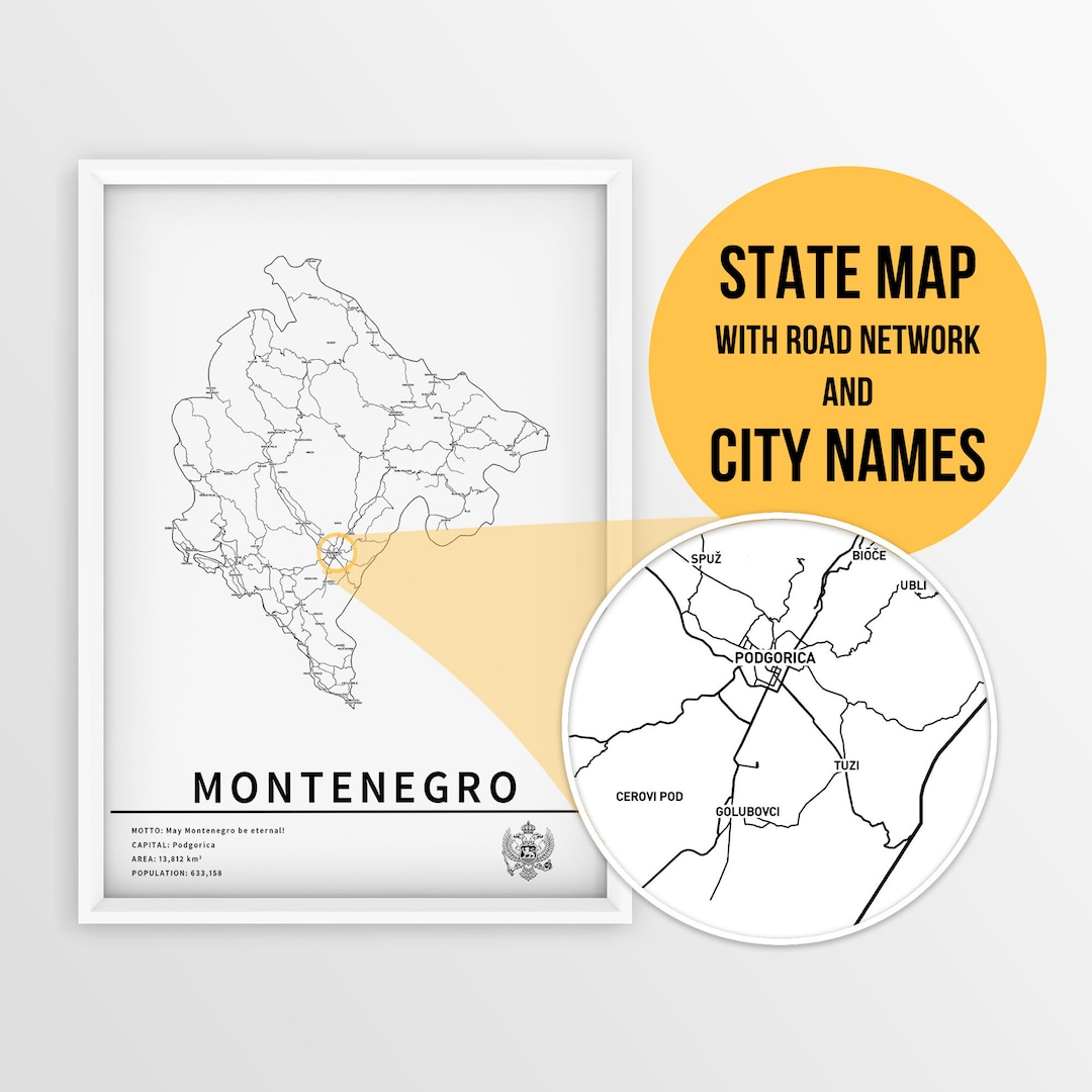 Printable Map of Montenegro With City Names and Roads Instant Download ...