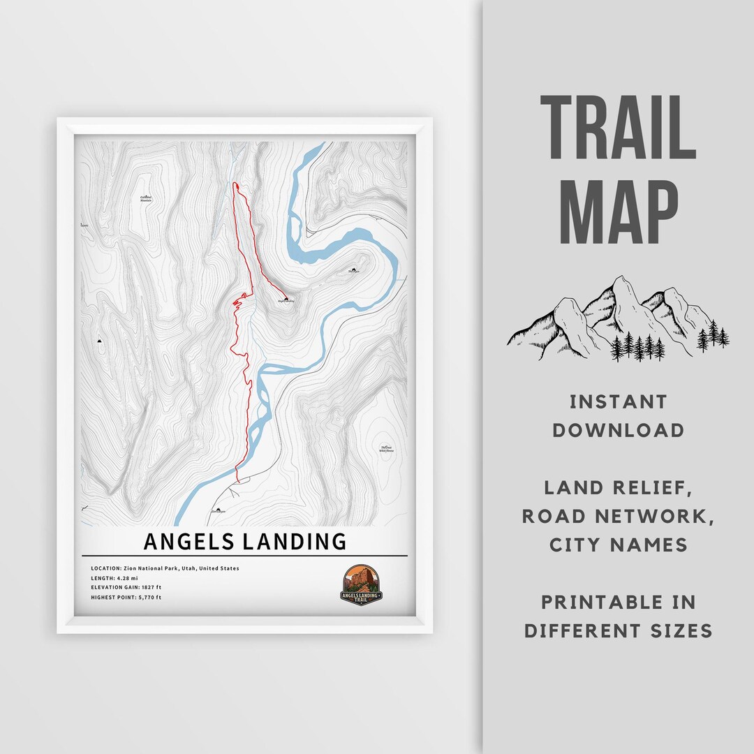 Printable Map of Angels Landing Trail, Utah, USA - Instant Download ...