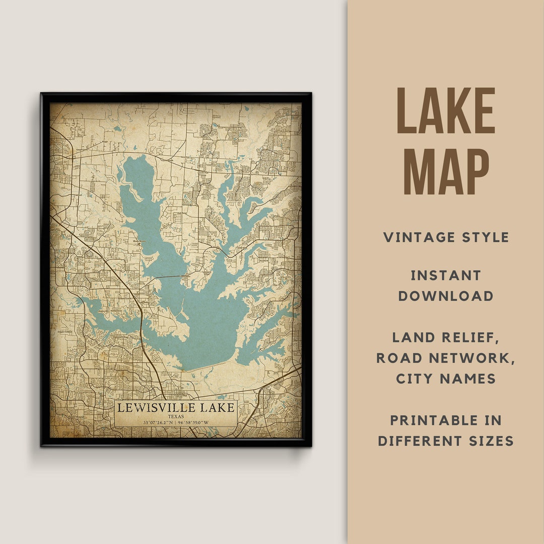 Vintage Style Map of Lewisville Lake, Texas, USA With City Names ...