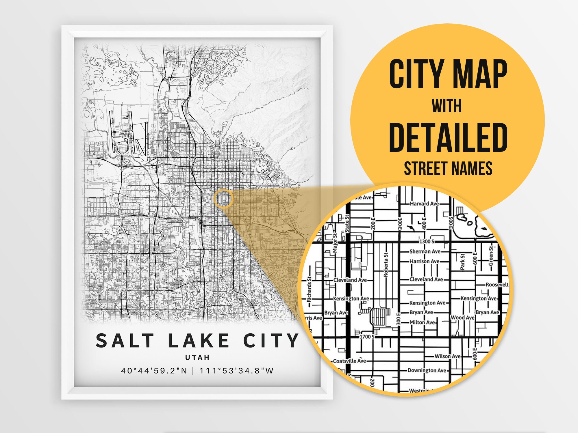 Printable Map of Salt Lake City Utah UT USA With Street Names - Etsy