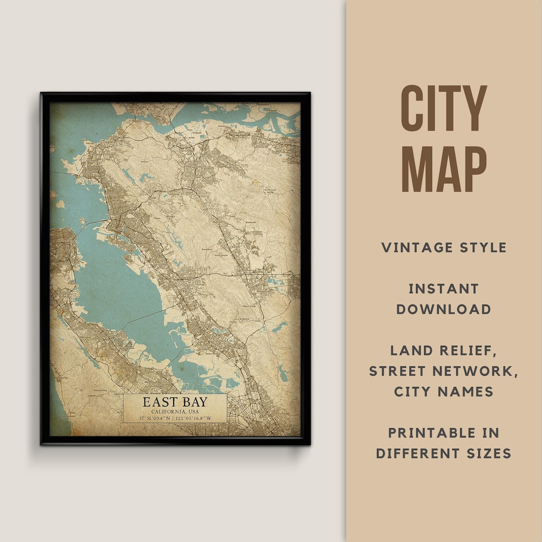 Printable Vintage Style Map of East Bay, California USA Instant ...