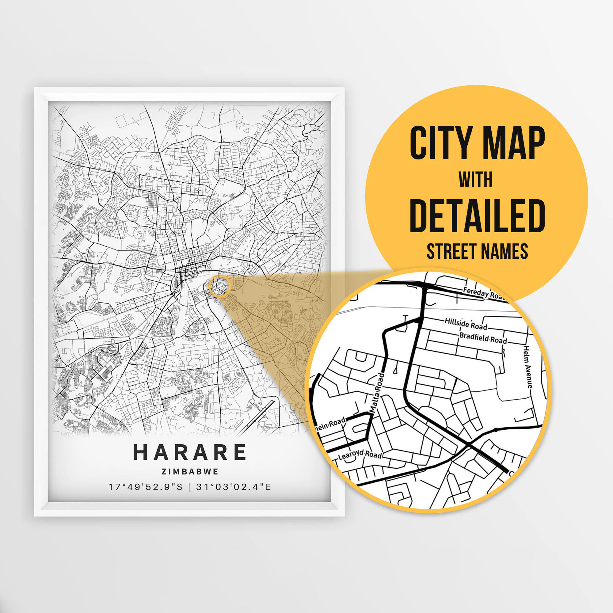 Printable Map of Harare, Zimbabwe With Street Names - Instant Download ...