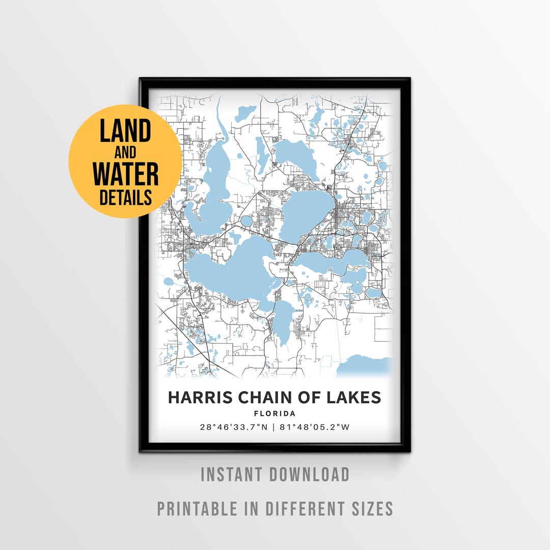 Harris Chain of Lakes Map Poster, Printable Florida Lake House Decor ...